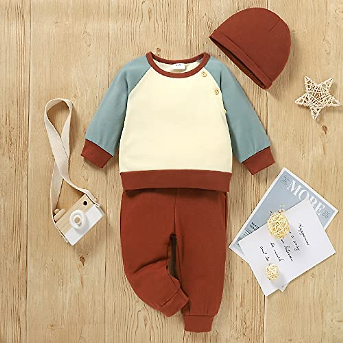 Tikoubabe Baby Boy Clothes Infant Sweatshirt Fall Winter Outfits Long Sleeve Pocket Pants Hats 3 Pcs Light Green Brown 12-18 Months