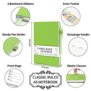 feela 24 Pack Journal Notebook Bulk for Work, Business Notebook Hardcover Lined Writing Journal with Pen Holder for Men Women Note Taking, with 24 Black Pens, 120 GSM, 5.1”x8.3”, A5, Green