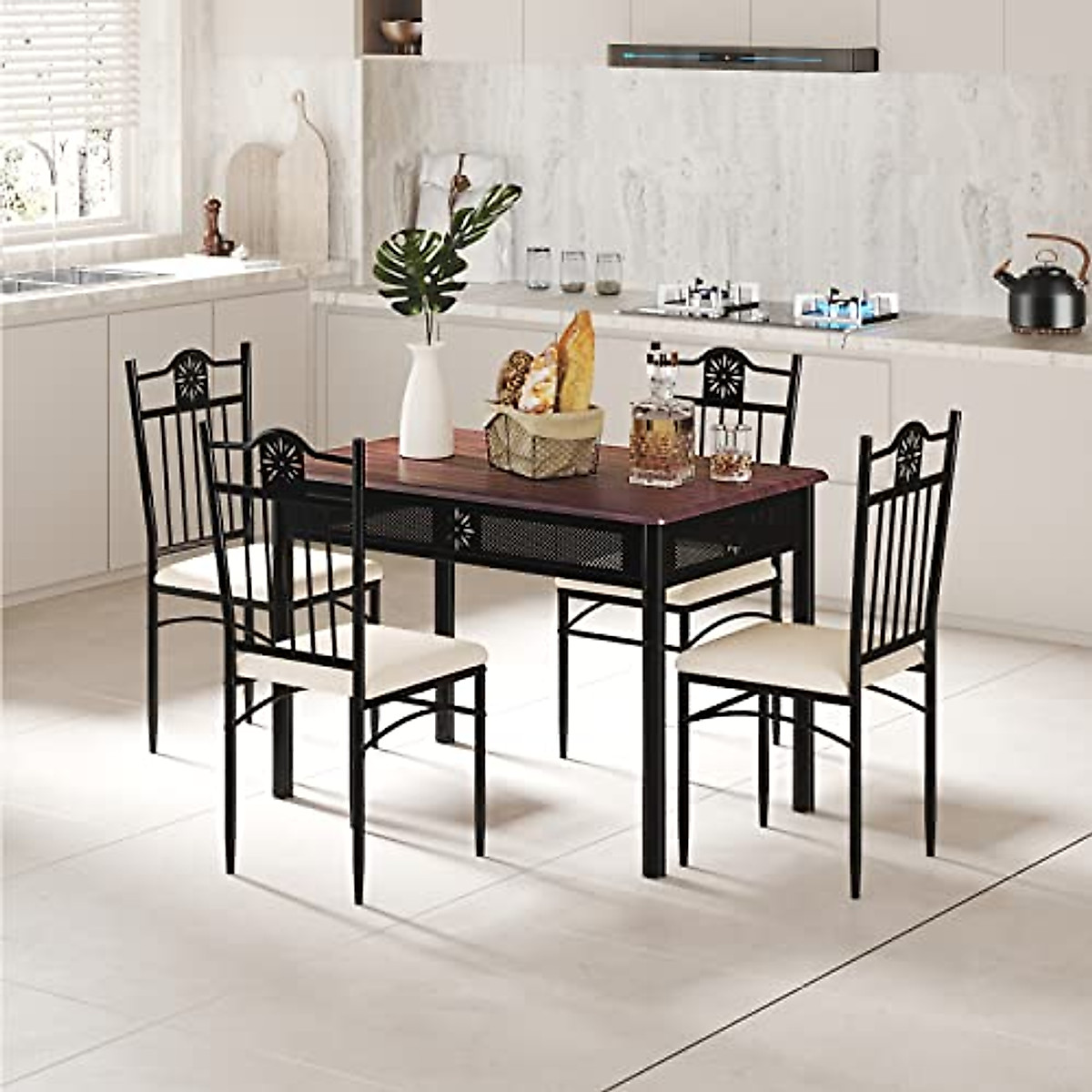 Tangkula 5 Pieces Dining Table and Chairs Set, Vintage Retro Wood Top Metal Frame Padded Seat Dining Table Set Home Kitchen Dining Room Furniture