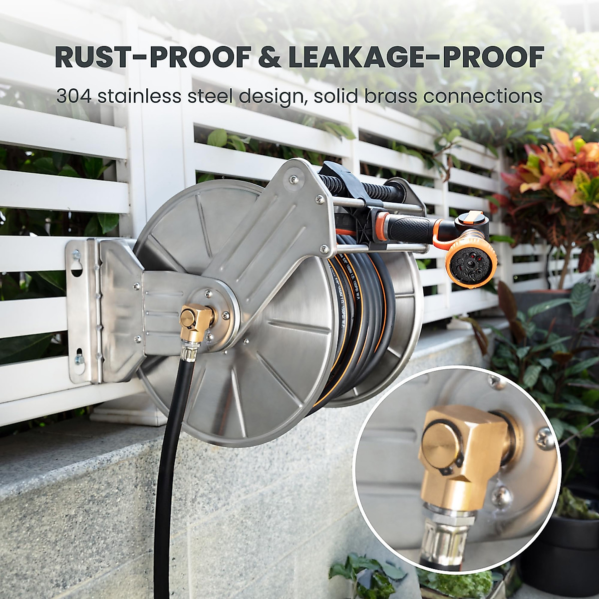 Giraffe Tools Stainless Steel Garden Hose Reel with 5/8" x 100 ft Heavy Duty Hose, Wall/Floor Mounted Metal Water Hose Reel with Crank Handle