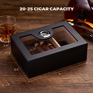 CINOROW Cigar Humidor Box with Lighter and Cutter, Digital Hygrometer and Humidifier, Ashtray, Spanish Cedar Lining and Divider for 25 Cigars, Cigar Accessories Gifts for Men