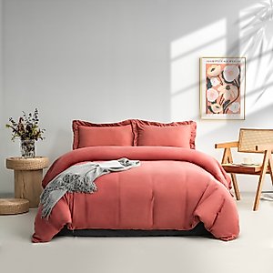 Mohap Duvet Cover 3 Piece Set Soft All Season Warm Luxury Brushed Microfiber 1800 Comforter Cover with 2 Matching Shams Queen Coral