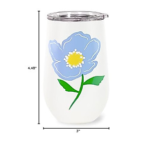 kate spade new york Insulated Stainless Steel Wine Tumbler, 16 Ounce Double Wall Tumbler, Blue Stemless Travel Cup with Lid, Sunshine Floral