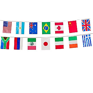 International Flags Party Decorations - International Flags Tablecover, 23 ft Pennant Flag Banner, Toothpick Flags (50), and Countries of the World Trivia Questions