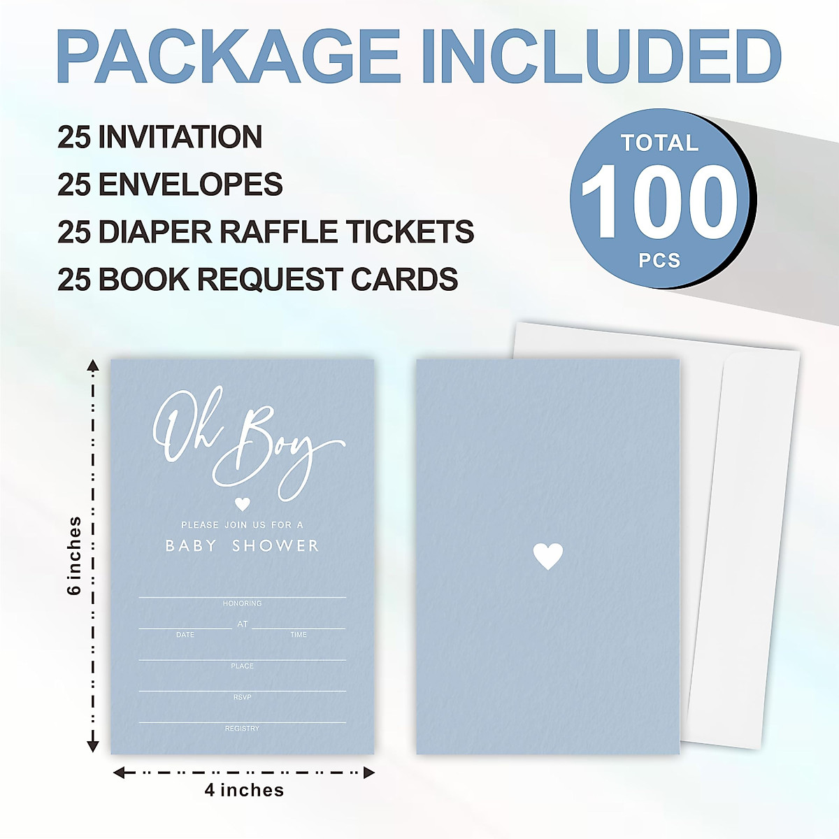 Oh Boy! Baby Shower Invitation Kit, Included Invites With Envelopes, Diaper Raffle Tickets(25 Pcs Each), Book Request Cards For Baby Announcement, Gender Reveal Party Favor And Supplies-A04
