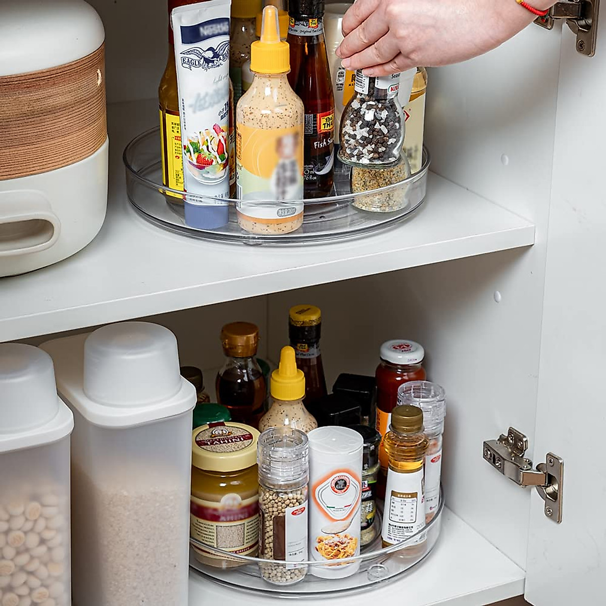 CXRYLZ 2 Pack 9.3 inch Lazy Susan Cabinet Organizer, PET Rotating Storage Rack, Spice Organizer Storage Cabinet, Plastic Lazy Susan Turntable for Fridge Pantry Kitchen Bathroom Bedroom