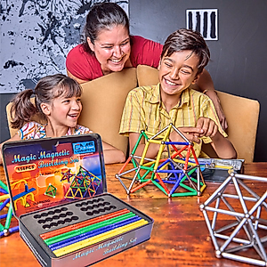 CMS MAGNETICS - (156-Piece Multi-Color Magnet Building Toy Tin Box Case Construction Sticks Set STEM Educational Learning Activity for Brain Development, Creativity, Imagination, Attention Span