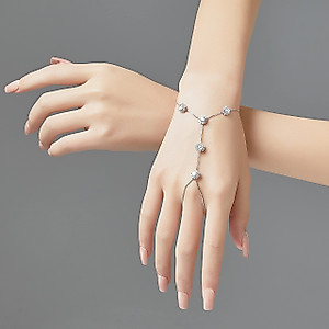 Aprilery Hand Chain Ring Bracelet, Fashion Silver AAA CZ Crystal Adjustable Slave Hand Chain Ring Bracelet Boho Hand Jewelry for Women(Style 3)