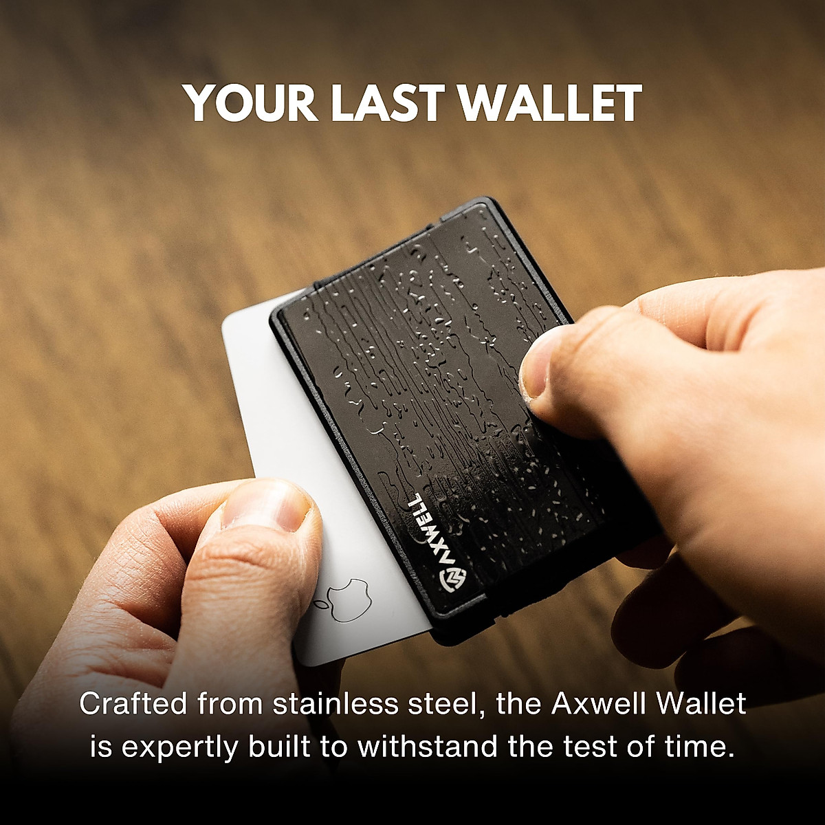 Axwell Damascus Steel Slim Minimalist Wallet For Men - RFID Blocking Front Pocket Card Holder - Tactical Metal Wallet with Money Clip and Cash Strap (Black Damascus)