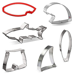 Surfs Up Cookie Cutter 6 Pc Set – Shark, Shark Fin, Surfboard, Surfboard with Bite, Swimming Trunks, Wave, Recipe Card Cookie Cutters Hand Made in the USA from Tin Plated Steel