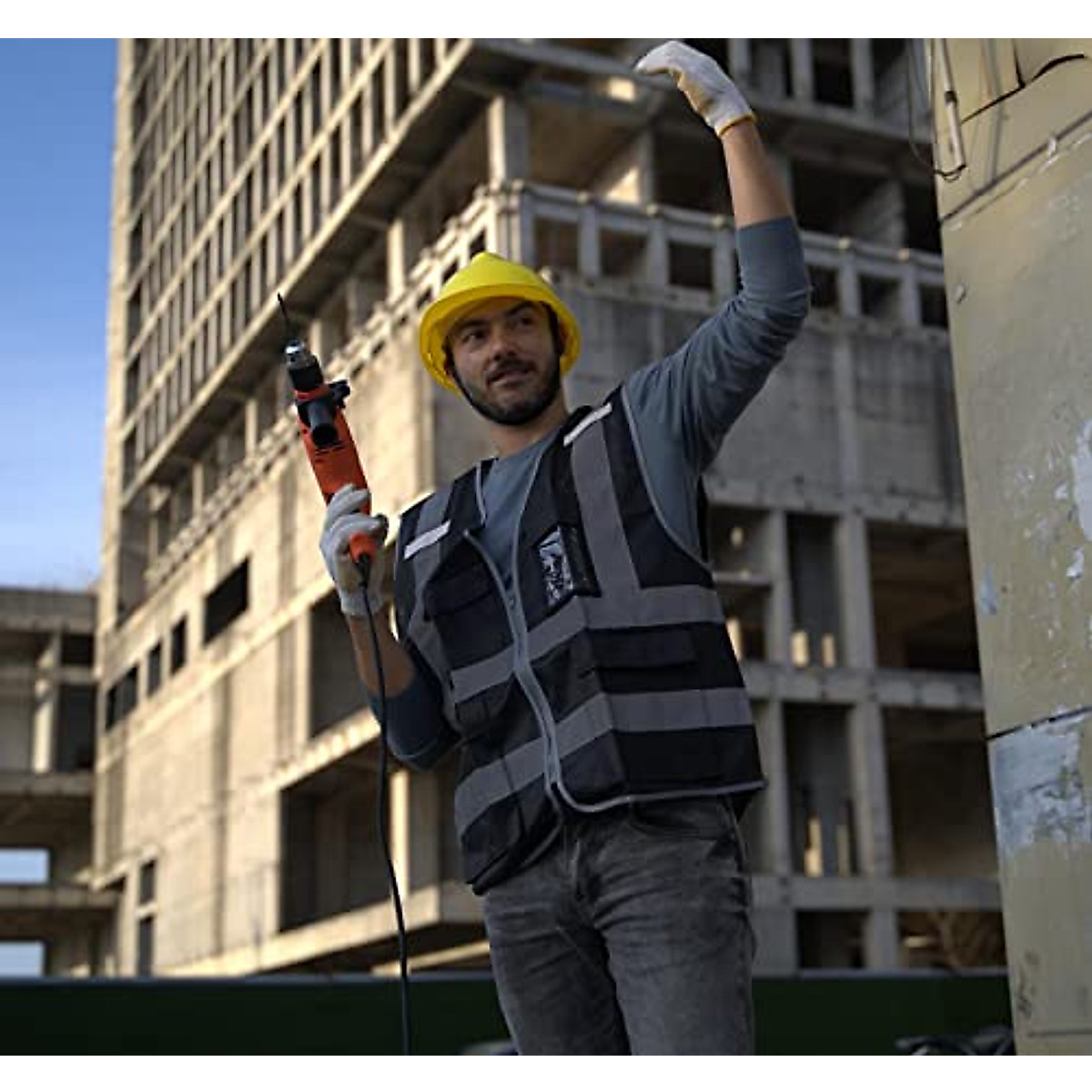 Dazonity High Visibility Safety Vest with Multi Pockets and Zipper, 2XL,Reflective Strips, Fit for Men & Women, Work, Construction,Cycling, Runnning, Surveyor, Volunteer (Black-2XL)