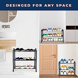 happhom Shoe Rack, 3-Tier Expandable Shoe Rack for Closet Floor, Shoe Organizer, Space Saver Shoe Shelf with Smart Design, Small Shoe Rack for Entryway, Cabinet and Small Spaces, Dark Grey (CSR-02)