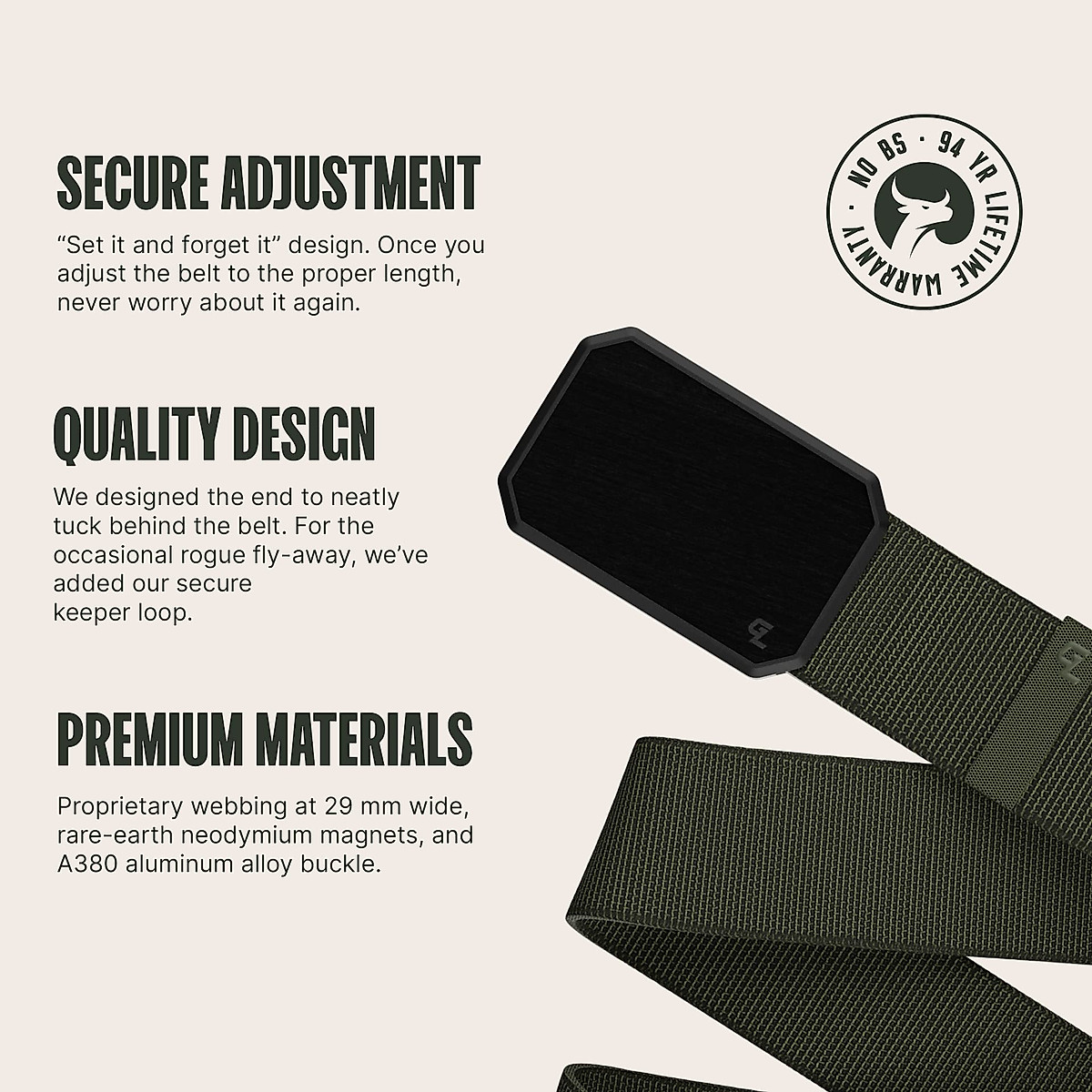 Groove Life Groove Belt Black/Olive - Men's Stretch Nylon Belt with Magnetic Aluminum Buckle, Lifetime Coverage - X-Large (41-50")