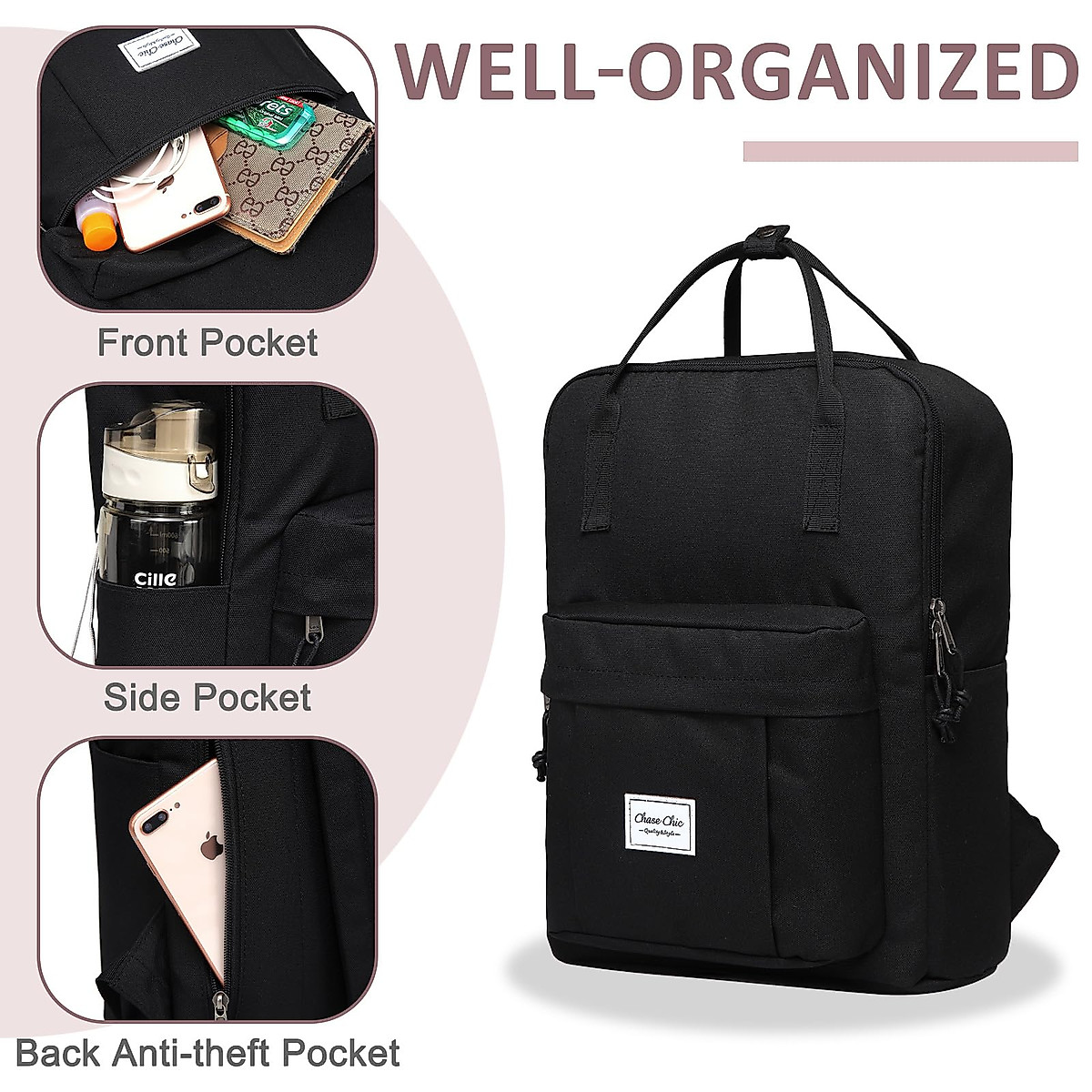 Backpack for Women, Chasechic Lightweight Cute School Bookbag for Teen Girls Hiking Casual Aesthetic Daypack Black