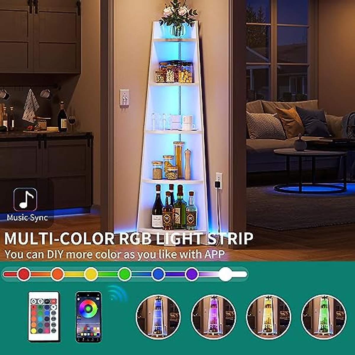 YITAHOME Corner Shelf Stand with Led Light, 70.9" Ladder Corner Bookshelf, Modern 5 Tier Corner Bookcase, Wooden Open Display Shelving Storage Rack for Bedroom, Living Room, Home Office, White