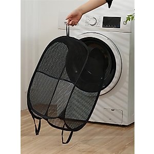 Clasoul pop up hamper with a handle, portable foldable laundry basket. The mesh laundry basket is breathable and moisture-proof, and the large capacity pop up laundry is suitable for home（black）