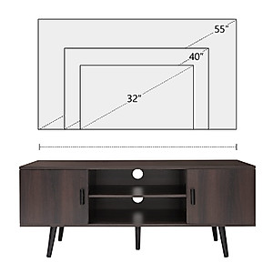 Iwell TV Stand for 55 inch TV, Mid Century Modern TV Stand with Storage, Entertainment Center with 2 Cabinet & 2 Shelves, Retro TV Console Table for Living Room, Bedroom, Black Oak