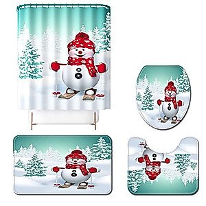 NEWSUYAA 4PCS Christmas Bathroom Decorations Sets Shower Curtain Toilet Seat Cover Rugs Sets Xmas Santa Claus Pine Tree Snowman Gnome Bathtub Decor (A3)