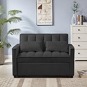 Lepfun 3 in 1 Convertible Sleeper Sofa Couch with Pull Out Bed, Small Futon Loveseat Lounge Chaise with Reclining Backrest and Armrest, Upholstered Love Seats Sofabed, Black Velvet