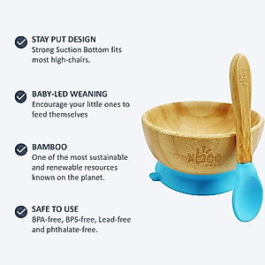 Xboo Toddler Plates, Bamboo Baby Suction Plates, Bamboo Suction Plates for Toddlers, Stay Put Feeding Plates, Wooden Divided Plate, Baby Dishes, Kids Plates, BPA Free | Max_Blue