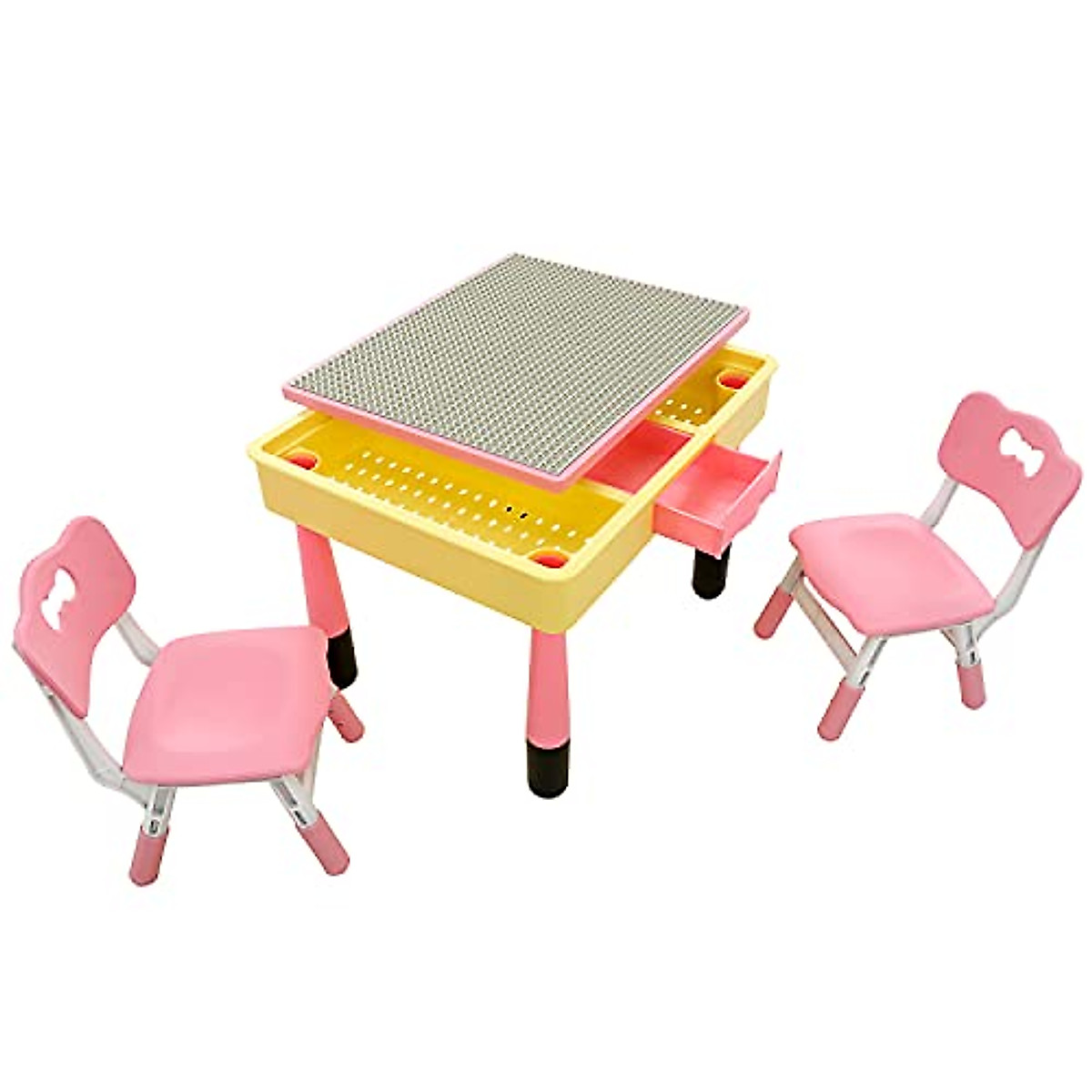 FLYING OLLY Kids Table and Chair Set with Block-Build Table & Dry-Erase Activity Table, Compatible Kids Art painting Table with 2 Drawers for Kids and Toddlers for Daycare, Classroom, Kids Room (Pink)
