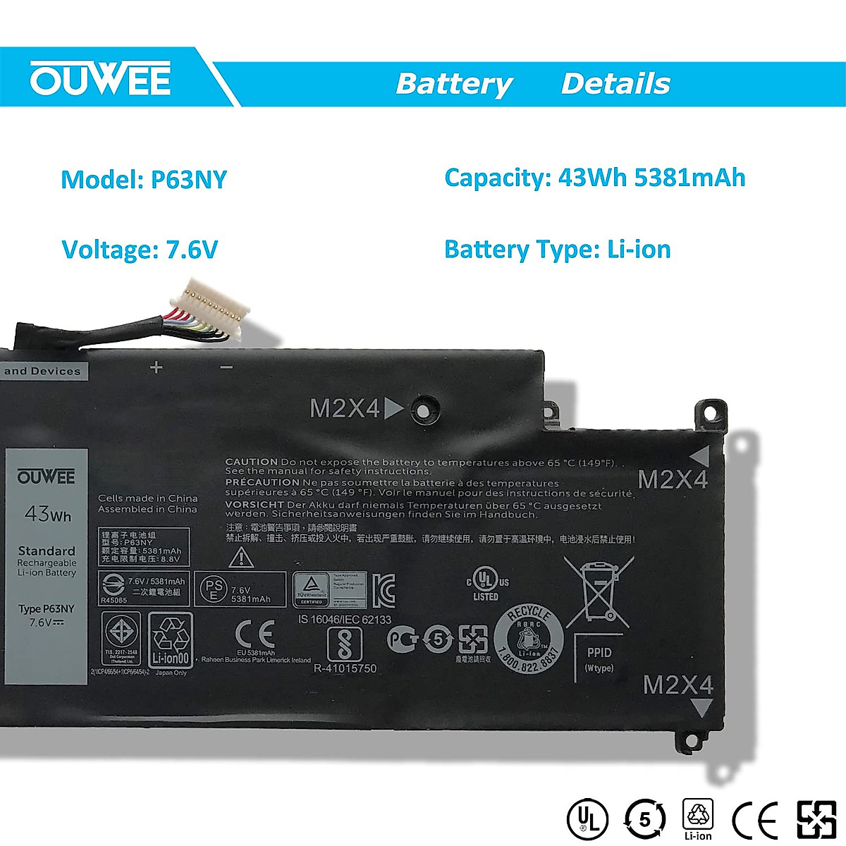 OUWEE P63NY Laptop Battery Compatible with Dell Latitude 13 7370 E7370 Series Notebook N3KPR XCNR3 0XCNR3 WY7CG G7X14 0G7X14 7.6V 43Wh 5381mAh 4-Cell