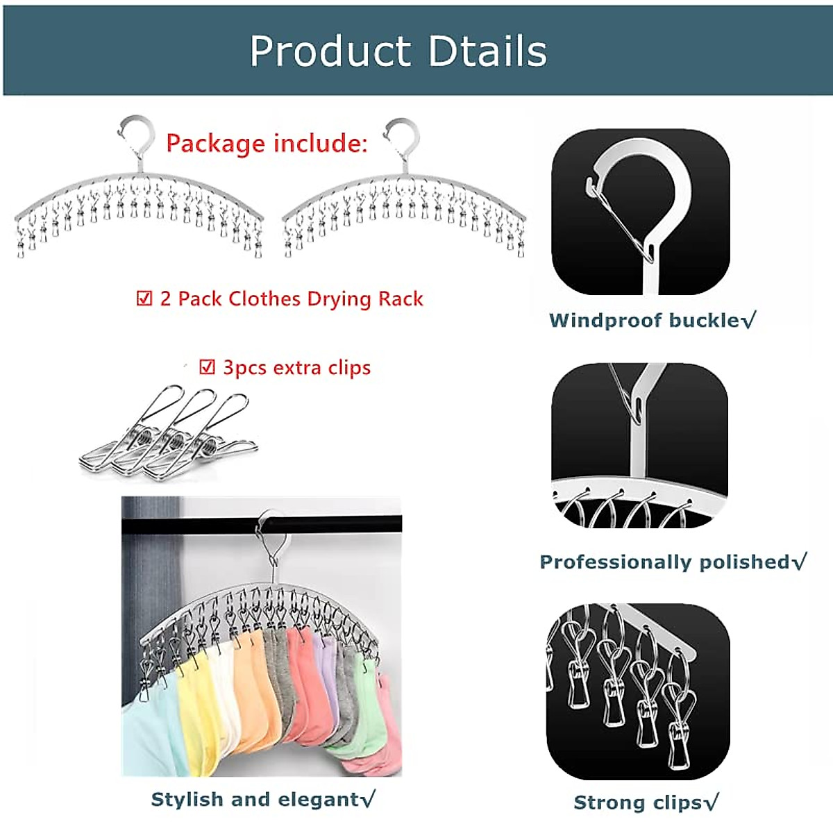 Laundry Sock Drying Rack with 20 Clips Windproof Drying Rack Multi-Purpose Stainless Steel Clothespins, ZNREUHATravel Camping Dryer Hanger for Socks, Gloves, Hat, Baby Clothes (2 Pack)