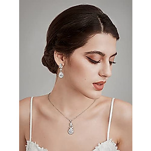SWEETV Wedding Jewelry for Bride, Silver Teardrop Cubic Zirconia Necklace Earrings Set, Bridal Jewerly Set for Wedding Porm