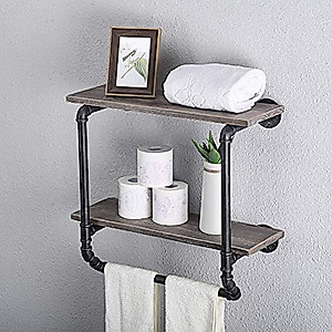 Ucared Industrial Pipe Shelves 2 Tiers Wall Mounted Shelves,Rustic Wall Shelf with Towel Bar,24" Towel Racks for Bathroom Organizer Storage,Wood Metal Wall Mounted Hanging Shelves