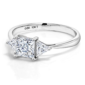 Gem Stone King 10K White Gold White Moissanite Engagement Ring | 1.12 Cttw | Princess Center 5MM | Trillion 3.5MM | 3 Stone Wedding Anniversary Promise Ring For Women (Size 8)