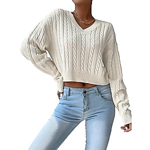 Verdusa Women's Drop Shoulder V Neck Sweater Jumper Long Sleeve Knit Pullover White S