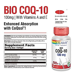 SOLARAY Bio CoQ-10 100 mg | Enhanced Absorption | Vitamins A & E | Healthy Heart & Cellular Energy Support (30 CT)