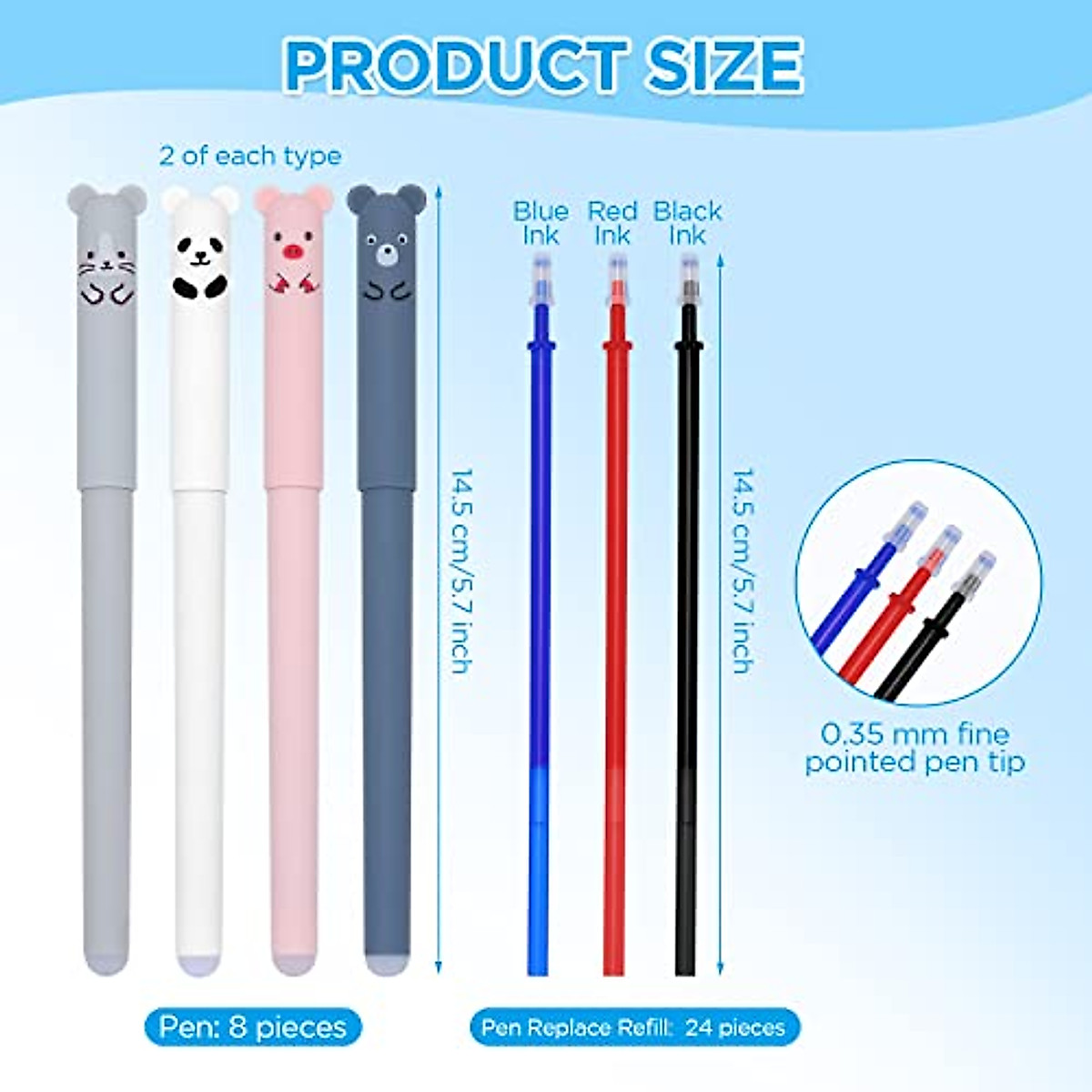 PAFUWEI 32pcs-8 Pens 24 Refills Black Blue Red Erasable Pens, Cartoon Panda Animal Pattern Erasable Ballpoint Pen Erasable Gel Pens Rub Out Pens for Kids Student