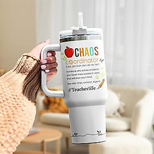 9SUNFLOWER Life Chaos Coordinator Teacher Nutrition Facts Insulated Cup, 40 Oz Tumbler With Handle, Lid and Straw