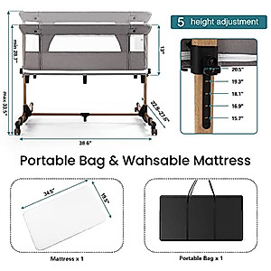 Homcosan 3 in 1 Bassinet Bedside Sleeper with Wheels Portable Baby Cradle Bassinet with Mattress 5 Heights Adjustable Baby Bassinet