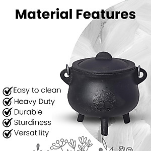 SOUL STICKS Reusable 6 Cast Iron Cauldron with Lid and Hanging Handle for Spell Casting, Smudging, Ritual & Blessings Pot Belly Witchcraft (Tree of Life)