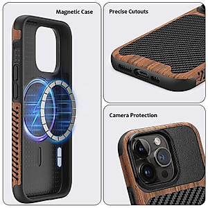 ZZDZZ Magnetic Case Compatible with iPhone 13 Pro Max Case [Compatible with MagSafe] Wood and Leather Carbon Fiber Design Hybrid Shockproof Phone Case (Black)
