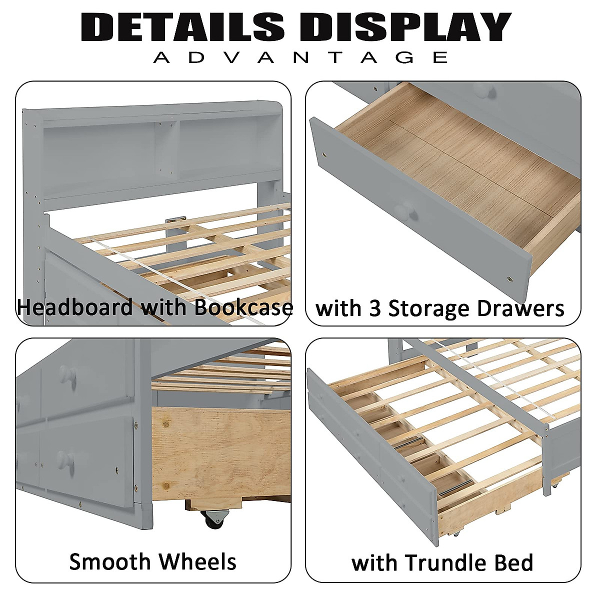 Harper & Bright Designs Twin Bed Frame with Bookcase Headboard, Wooden Twin Size Platform Bed with Trundle and 3 Storage Drawers,Twin Storage Bed for Kids Girls Boys,No Box Spring Needed,Grey