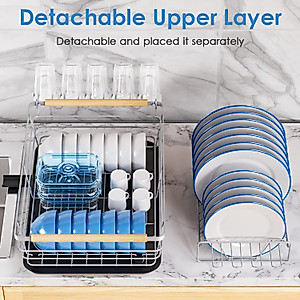 G-TING Dish Drying Rack, 2 Tier Detachable Dish Rack and Drainboard Set, Rust-Proof Drying Rack for Kitchen Counter, Large Capacity Dish Drainer with Utensils Holder and Cup Rack, Grey