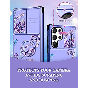 Goocrux (2in1 for Samsung Galaxy S23 Ultra Case Floral Flowers for Women Girls Girly Phone Cover Cute Lavender Flower Design with Slide Camera Cover+Ring Holder Purple Cases for S23 Ultra 5G 6.8''