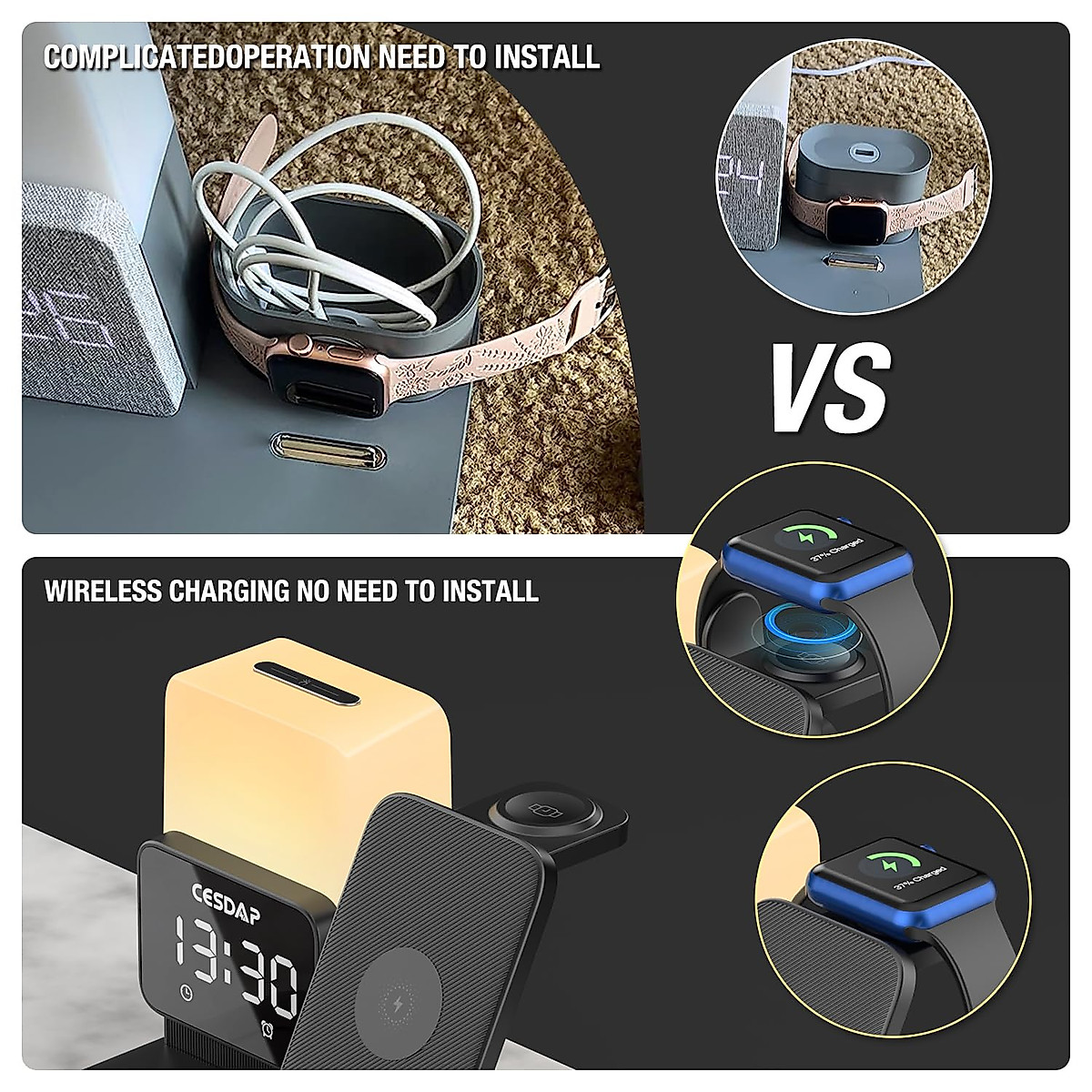 CESDAP C3 Pro Foldable 6 in 1 Charging Station for Multiple Devices with Alarm Clock Light 18W Charger for iPhone 15/14/13/12/11 for Apple Watch Charger for AirPods 3/2/Pro Gift for Women Men Dad Mom