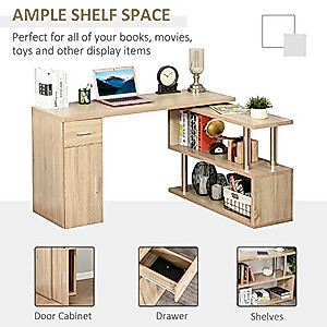 HOMCOM Rotating Computer Desk, 55" L-Shaped Desk, Corner Desk with Storage Shelves, Cabinet and Drawer for Home Office, Natural