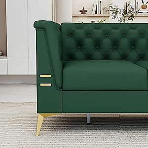 ERYE Mid-Century Modern PU Leather Button Upholstered Chesterfield 3 Seaters Sofa Couch, Golden Legs, Flared Padded Armrest,Removable Cushions Cover for Living Room,Bedroom,Office,Apartment