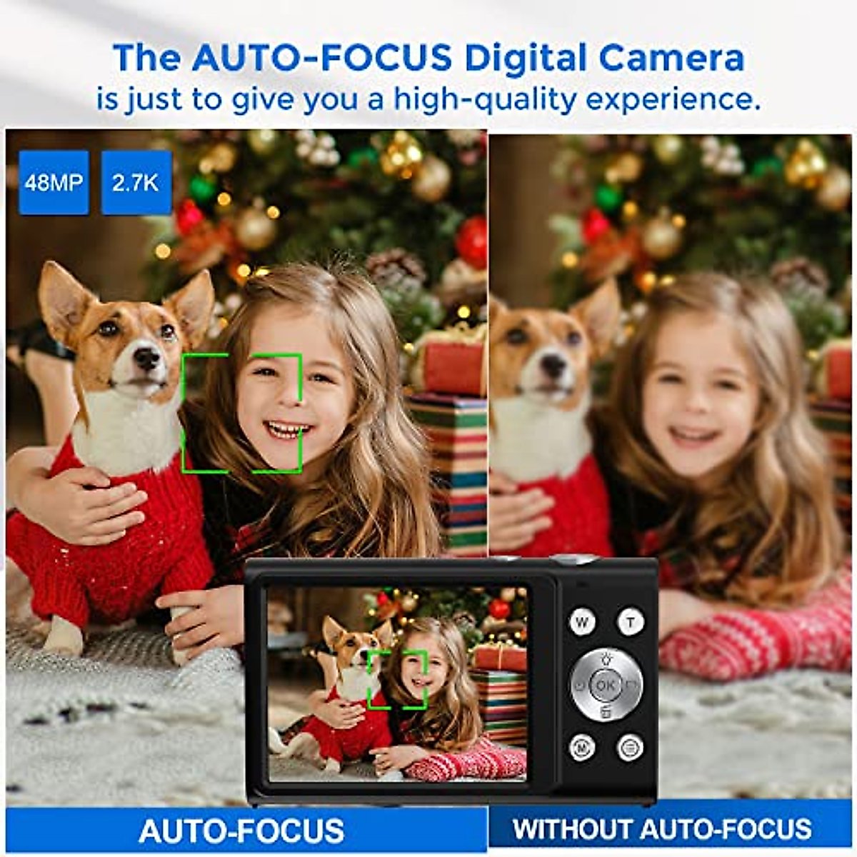 Digital Camera, RUAHETIL Autofocus FHD 2.7K 48MP Vlogging Camera for Kids, 16X Zoom 2 Charging Modes Kids Compact Camera Point and Shoot Camera for Kids Teens Students（Black）