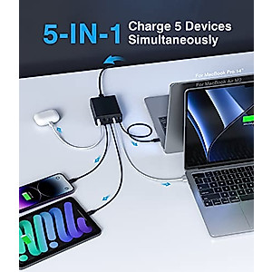 200W USB C Fast Charger 5-Port Charging Station Block Hub Laptop Charger Power Adapter Compatible with MacBook Pro/Air iPad Pro iPhone 15/14 Google Pixelbook ThinkPad Dell XPS Galaxy S23 Steam Deck