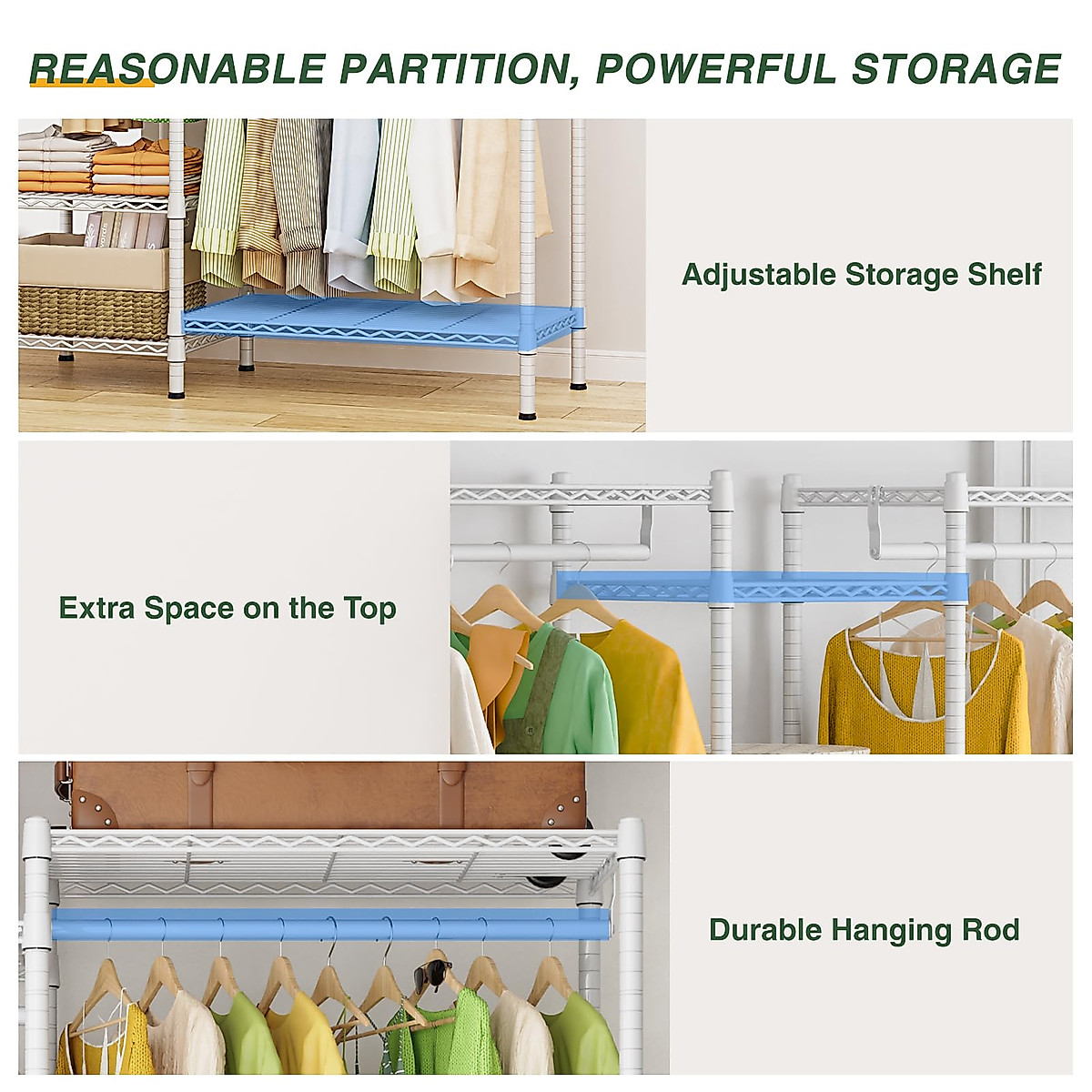 LEHOM G6M Heavy Duty Clothes Rack for Hanging Clothes, Portable Garment Rack Compact Size Closet Organizer, Freestanding Metal Clothing Rack Wardrobe Closet with Storage Shelves for Bedroom, White