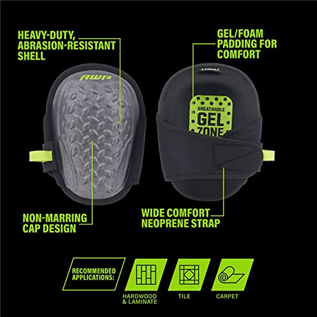 AWP Gel Pro Flooring Knee Pads | Gel/foam padding provides all-day comfort, black,grey,green