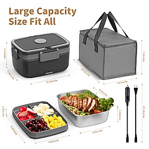 Geveniss Electric Lunch Box Food Heater with 2L Stainless Steel & 1L PP Fruit Container Bento Box, 90W (12V/24V/110V) Fast Heating Food Warmer for Car/Truck/Office Use, Ideal for Men, Women, Adults