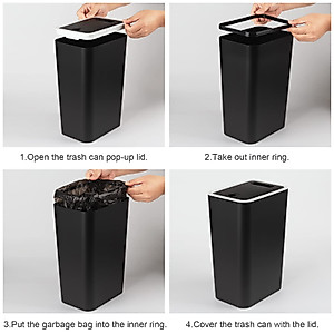 Anzoymx Bathroom Trash Cans with Lids 2 Pack Kitchen Garbage Can 4 Gallons with Pop Up Lid,Small Narrow Waste Basket Dog Proof for Bathroom Kitchen Bedroom Living Room and Office(15L,Black)