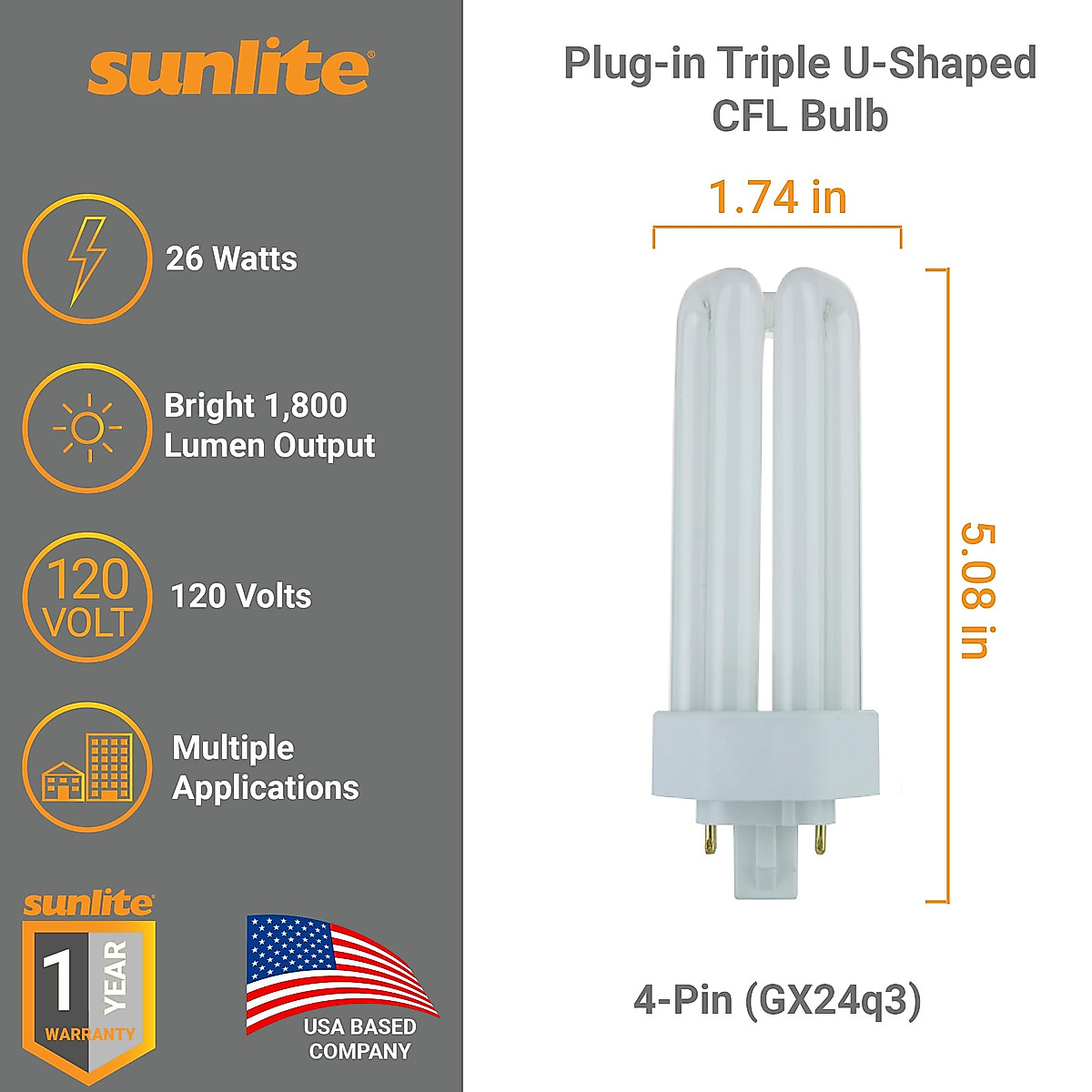 Sunlite PLT26/E/SP Compact Fluorescent Plug-in PLT 4-Pin Triple Tube, 26 Watts, 4-Pin GX24q3 Base, 1800 Lumens, 4100K Cool White, 10 Pack